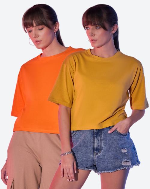 Buy Dimpy Garments Orange and Mustard Cotton Solid Loose Fit Round Neck ...