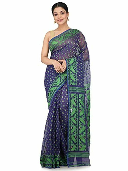 Buy PinkLoom Women Blue Woven Pure Cotton Jamdani Saree without Blouse Piece Online at Best ...