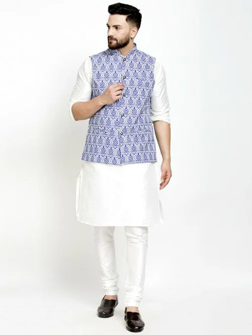 Buy Benstoke Men's Silk Blend White Kurta With Pyjama & Blue Printed ...