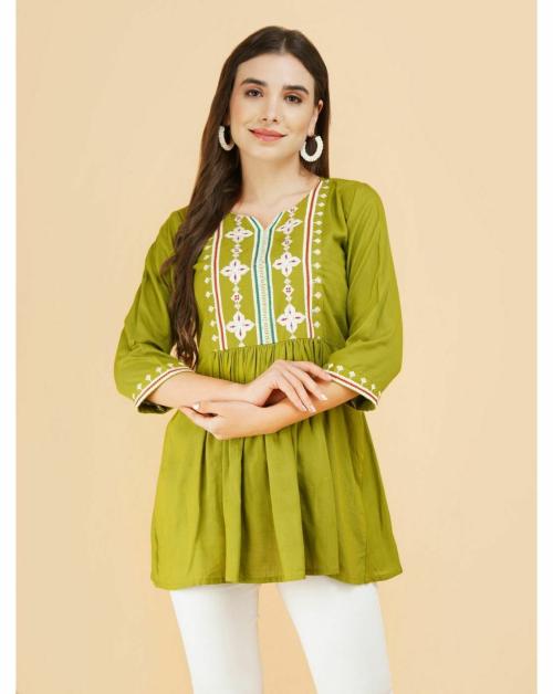 Buy Maharathi Women Light Green Embroidered Pure Cotton Top - L Online ...