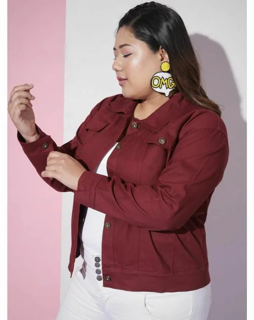 Buy Buynewtrend Curvy Twill Denim Maroon Plus Size Women Regular Jacket ...
