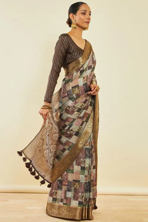 Buy Soch Olive Crepe Saree With Geometric Print And Zari Borders Online ...