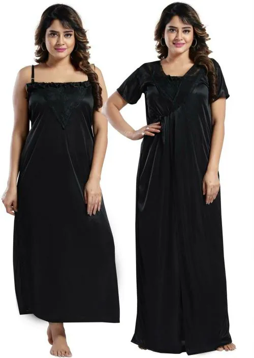 Buy Zionity Women Black Solid Satin Pack of 2 Nighty (L) Online at Best ...