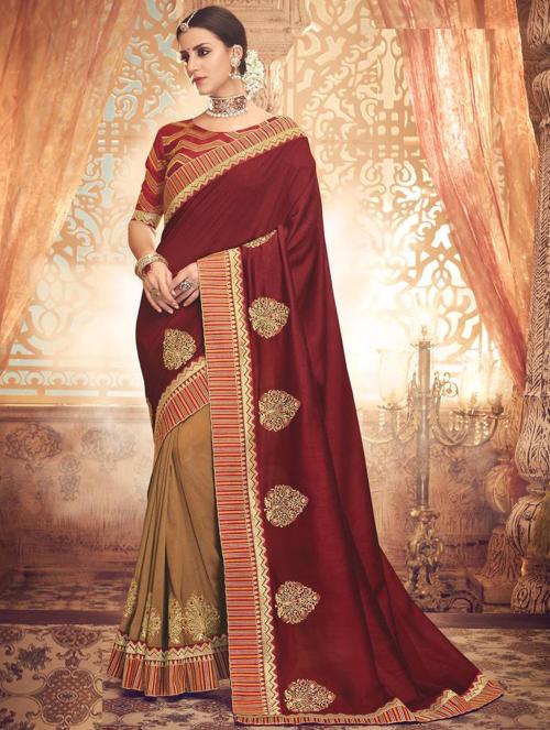 Buy DESI BUTIK Elegant Silk Brown And Maroon Party Wear Saree for Women ...