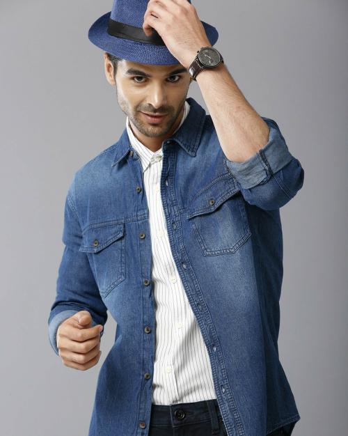 Buy Prototype Men Blue Solid Denim Casual Shirt (Xxl) Online at Best ...