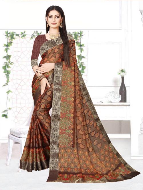 Buy Supalee Tex brasso chiffon sarees with lace Border Brown Online at Best Prices in India ...