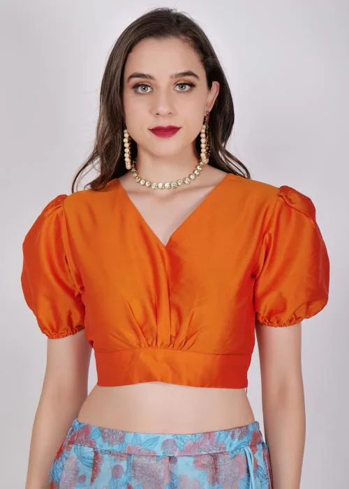 Buy FR Frolic Rolic Women's Girls Silk Puff Sleeve Solid V-Neck Crop ...