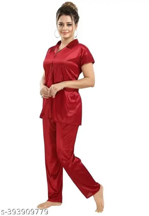 Buy PROJEP-T Women's Satin Solid Nightdress | Top & Pyjama Nightsuit ...