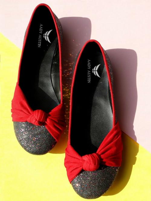 Buy Aady Austin Women Synthetic Grey Shimmer Red Bow Slip On Ballerina ...