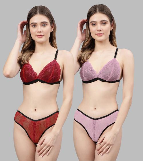 Buy In-Curve Women's Red,Orange Net Bra Panty Set for Lingerie Set Undergarments/Nightwear/Hot ...