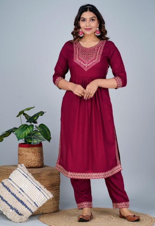 Buy Bagda Bazaar Rayon Embroidery solid Maroon Nayra Cut Ethnic Set Online at Best Prices in ...