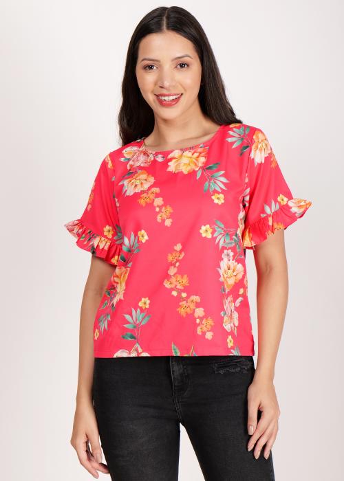 Buy Frolic Rolic Pink Round Floral Flared Sleeve Viscose Rayon Regular ...