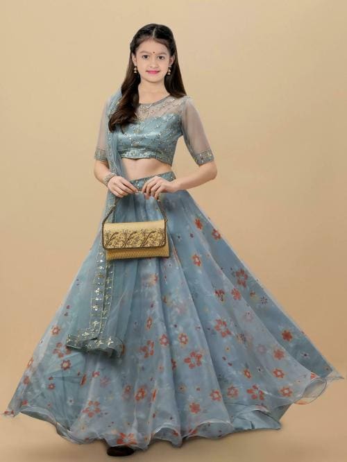Buy Piludi Girls Grey Embroidered Art Silk Lehenga & Choli | Girls ...
