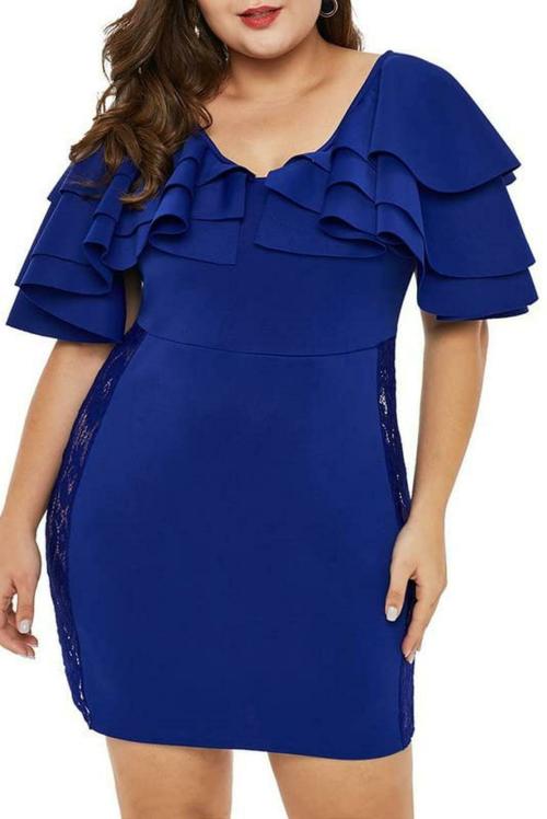 Buy Plus Curvves Blue Cascading Shoulder Lace Insert Plus Size Dress ...