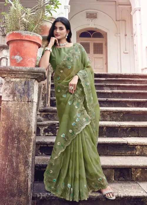 Buy Nupur Collection Women Pista Floral Hand Printed Organza Saree with ...