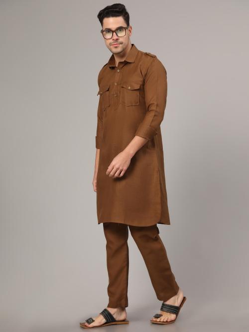 Buy IrisTheStudio Men Brown Cotton Blend Solid Pathani And Pant Set (M ...