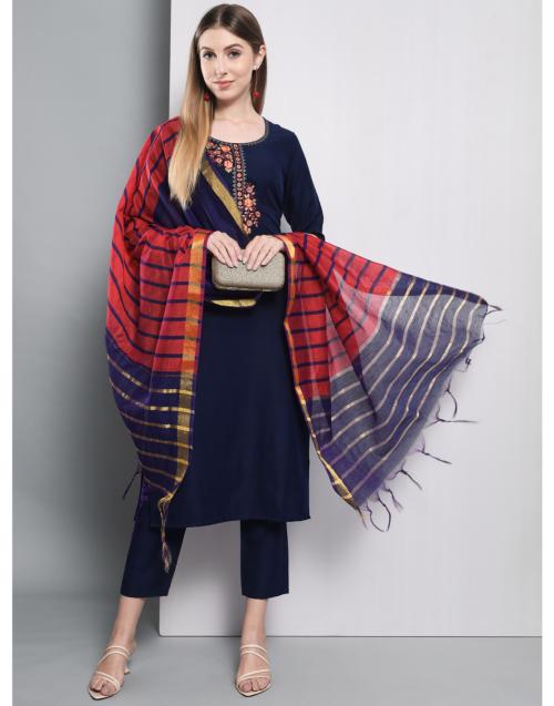 Buy Anni Designer Women Navy Blue Straight Embroidered Kurta with ...