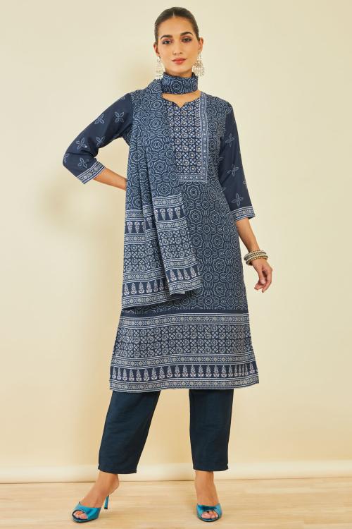 Buy Soch Navy Blue Muslin Suit Set With Ethnic Print And Hand ...