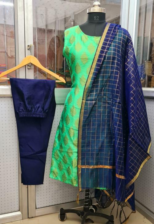 Buy Eilara Women's Silk Blend Olive Straight Kutra, Pant with Dupatta ...