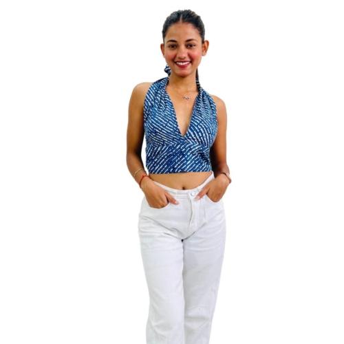 Buy KAJRAKH Blue lehariya Halter Neck and Back Knot Cotton for Girls ...