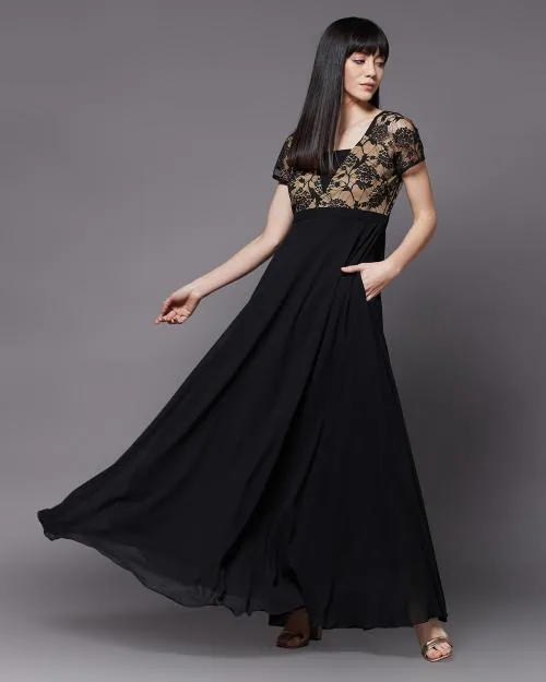 Buy Miss Chase Women Black Self Design Georgette Single Dresses Online ...