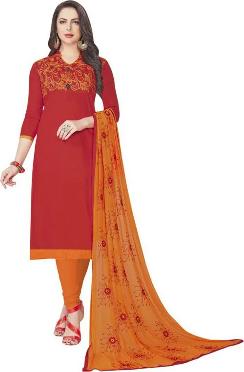 Buy Manvaa Women Red Embroidered Cotton Blend Semi-Stitched Dress ...