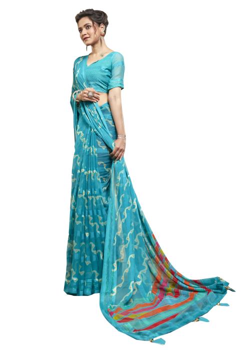 TRIVENI Blue Chiffon Lahariya Print Saree - JioMart