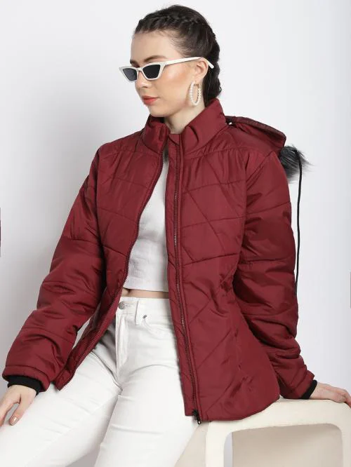 Buy ONNIT Women's Red winter wear full sleeve solid parka Jacket ...