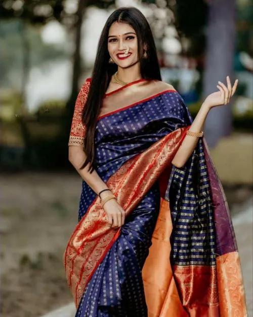 Buy FABYARN Navy Blue Soft Silk Banarasi Saree - Kanjivaram Design ...