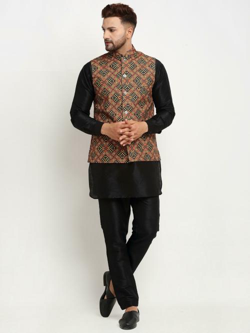Buy Benstoke Men's Silk Blend Black Kurta With Pyjama & Brown Printed ...