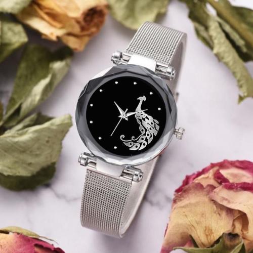 Buy ILOZ New Stylish Trendy Black peacock Dial Female Clock with Silver ...