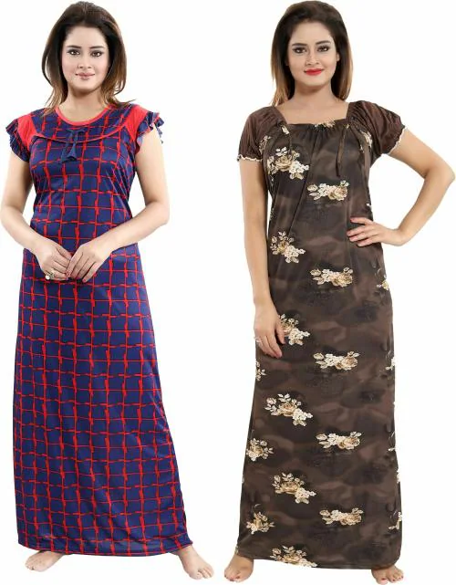 Shopping World Women Multicolor Printed Satin Nighty combo - Free Size ...