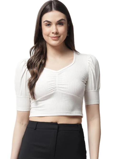 Buy Popwings Casual Solid White Rib Self Design Women Crop Tops ...