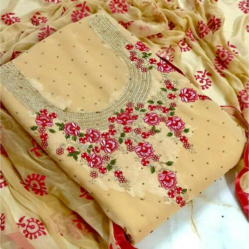 Buy GURHAL Embroidered Georgette Unstitched Dress Material Beige Online ...