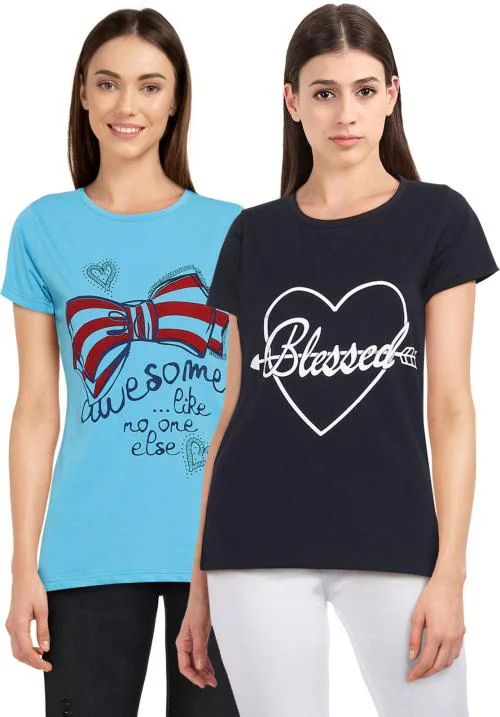 Buy Chozi Women Multicolor Printed Cotton Blend Pack of 2 T-Shirt ...