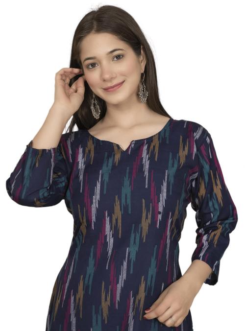 Buy Helwin Designer Women Navy Blue Printed Cotton Straight Kurta (M ...