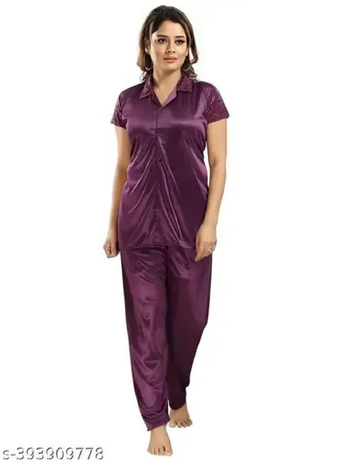 Buy PROJEP-T Women's Satin Solid Nightdress | Top & Pyjama Nightsuit ...
