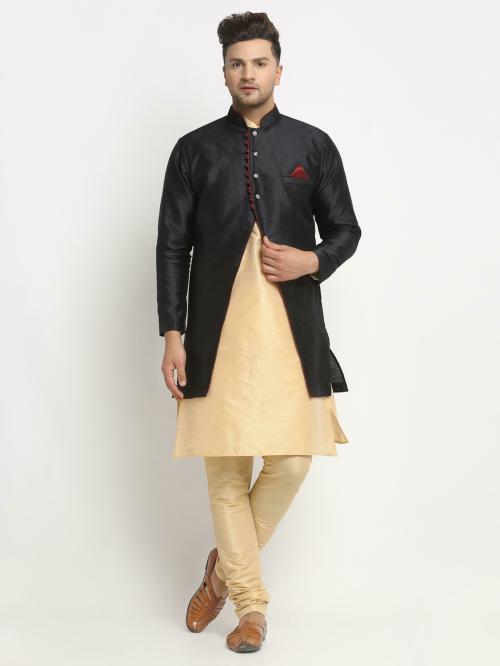 Buy Benstoke Men's Gold Kurta With Pyjama & Black Self Design Jacket ...