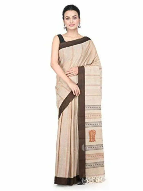 Buy PinkLoom Women Beige Solid Cotton Saree with Blouse Piece Online at Best Prices in India ...