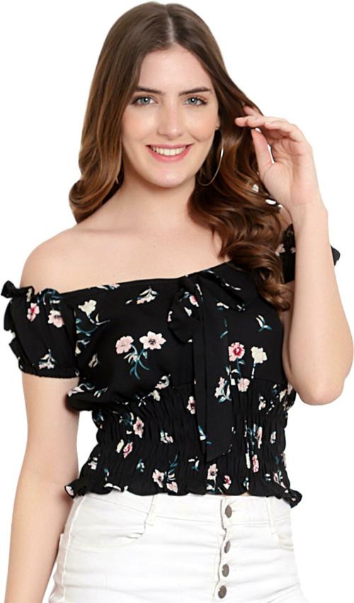 Buy FAREVER SELECTION Women Black Floral Print Crepe Crop Top (XXL ...
