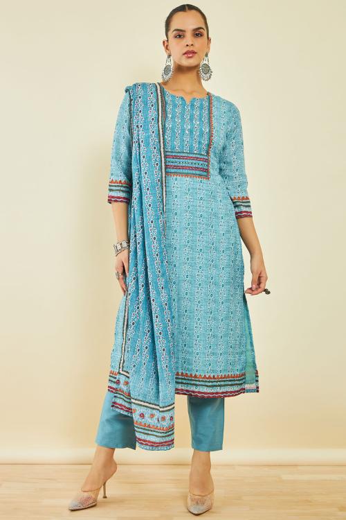 Buy Soch Turquoise Blue Muslin Suit Set With Printed Designs And Hand ...