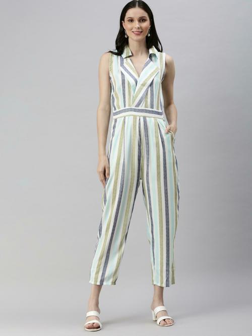 Buy SHOW OFF Women's White Striped Polyester Basic Jumpsuit Online at ...