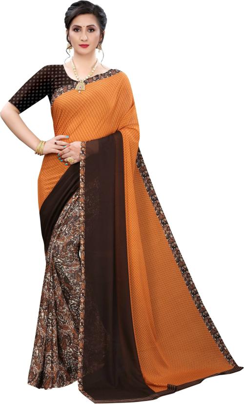Buy ANIRAV Women Orange Printed Georgette Daily Wear Saree Online at ...