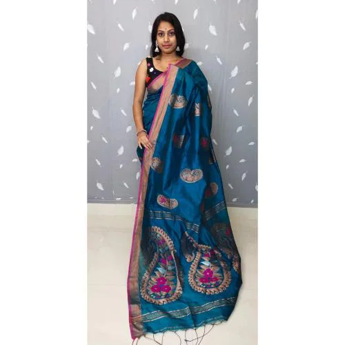 Buy Biswas Handloom Woven Teal Clothing Jarry Weave Handloom Jamdani Saree Online at Best Prices ...