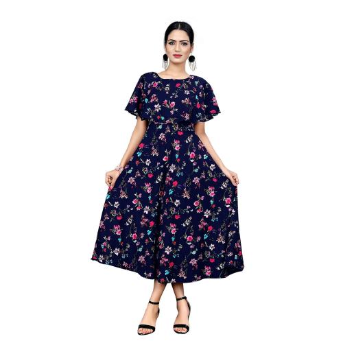 Buy HASMI TRENDZ Fancy Navy Blue Round Neck Cap Sleeve Fit And Flare ...