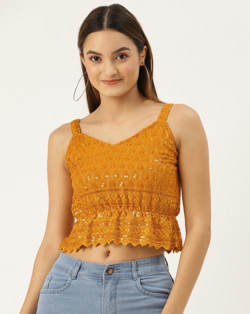 Buy BRINNS Mustard Embroidered Sequin Detail Cinched Waist Crop Top ...