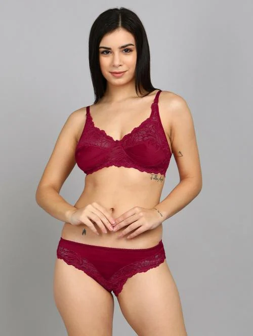 Buy Shebae Women's Non Padded Satin blend Full Coverage lingerie set (Maroon) Online at Best ...
