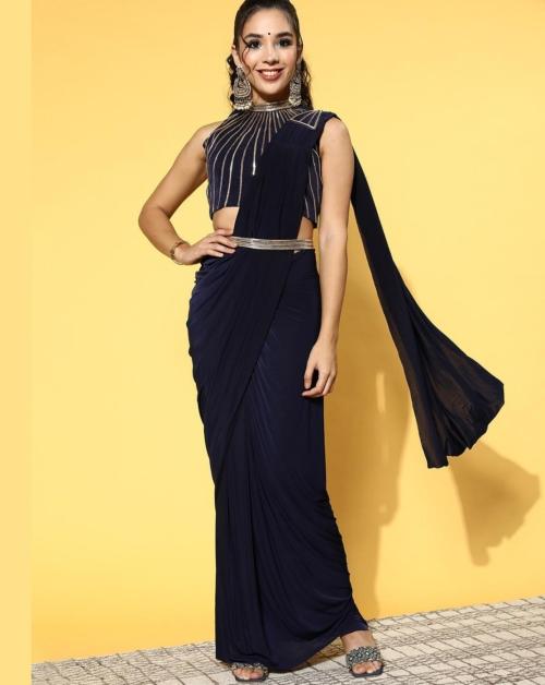 Buy Chhabra 555 Pre-Draped Navy Blue Belted Saree With Leather Applique ...