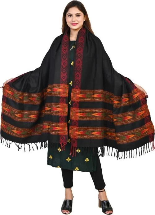 Buy FusFus Women Black Striped Wool Shawl - Free Size Online at Best ...