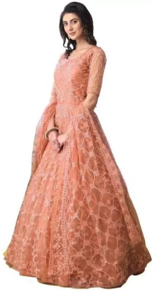 Buy Dwarkesh Fashion Bollywood Trendy Embroidered Stylish Gown (Orange ...